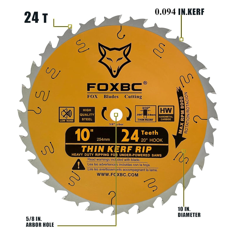 FOXBC 10-Inch Table Saw Blade, Thin Kerf Ripping Saw Blade for Wood Cu